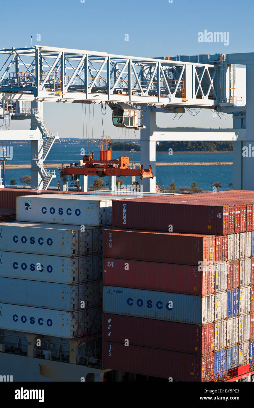 Container ship being loaded in Boston Harbor, Boston, Massachusetts ...