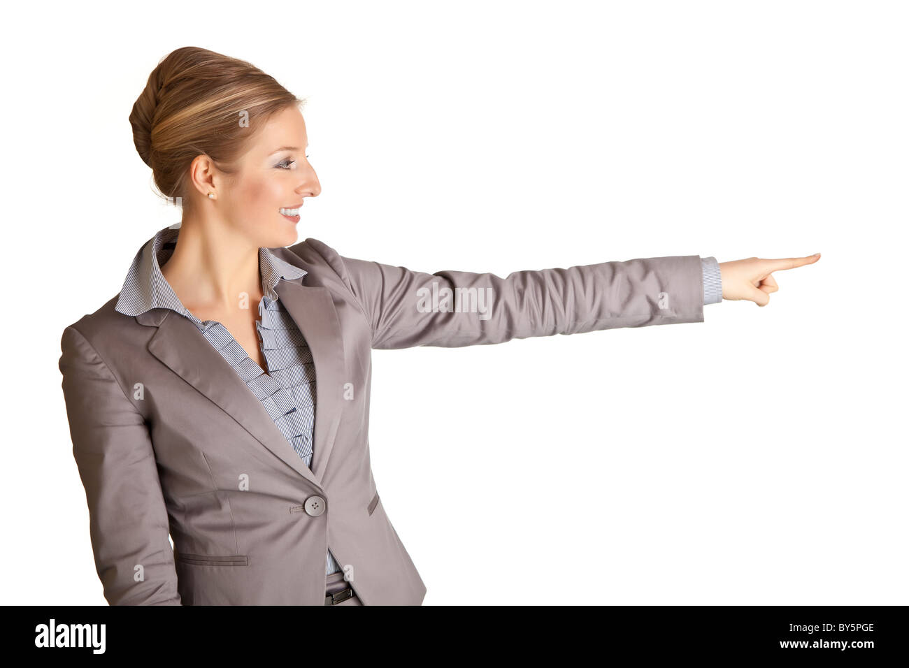 Businesswoman in suit pointing hand isolated on white Stock Photo - Alamy
