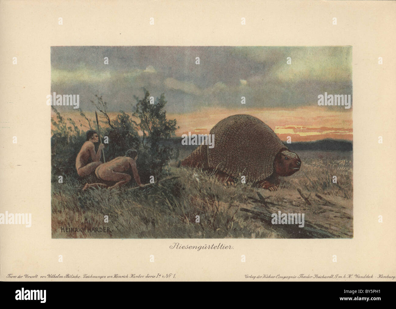 Primitive men with spears hunting a glyptodon Stock Photo - Alamy