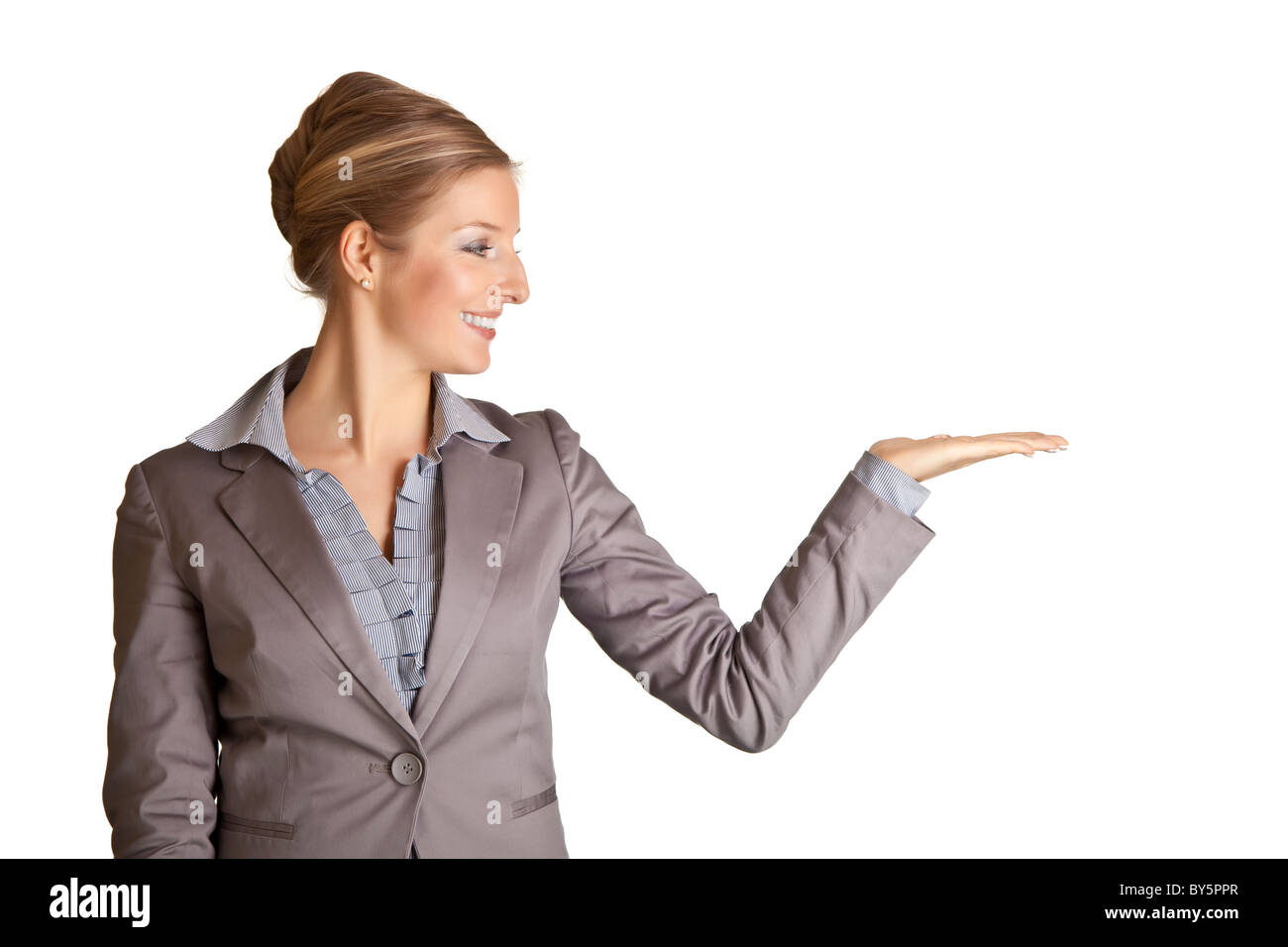 Businesswoman in suit pointing hand isolated on white Stock Photo - Alamy