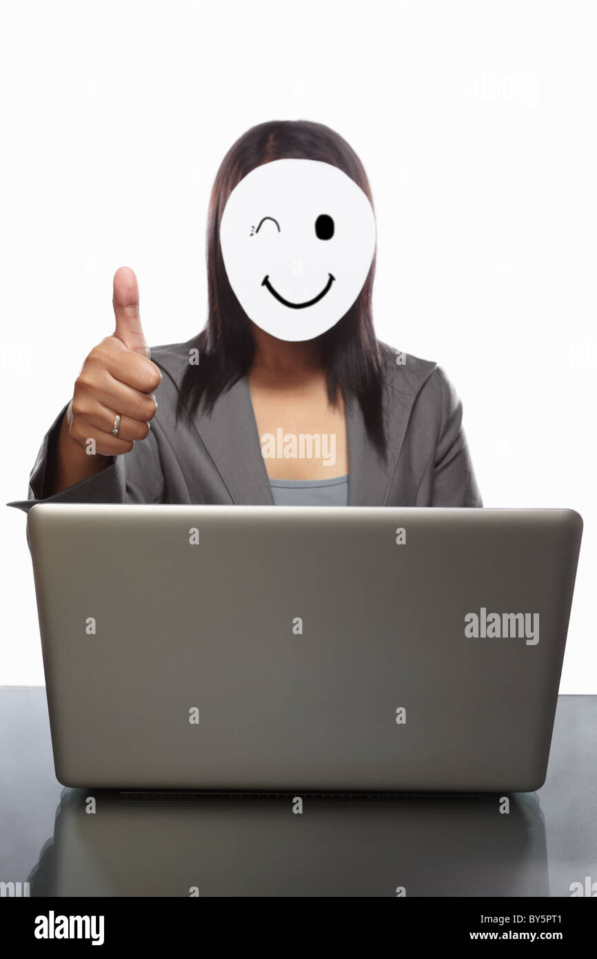 Faceless businesswoman with smiling icon on her face, isolated on white ...