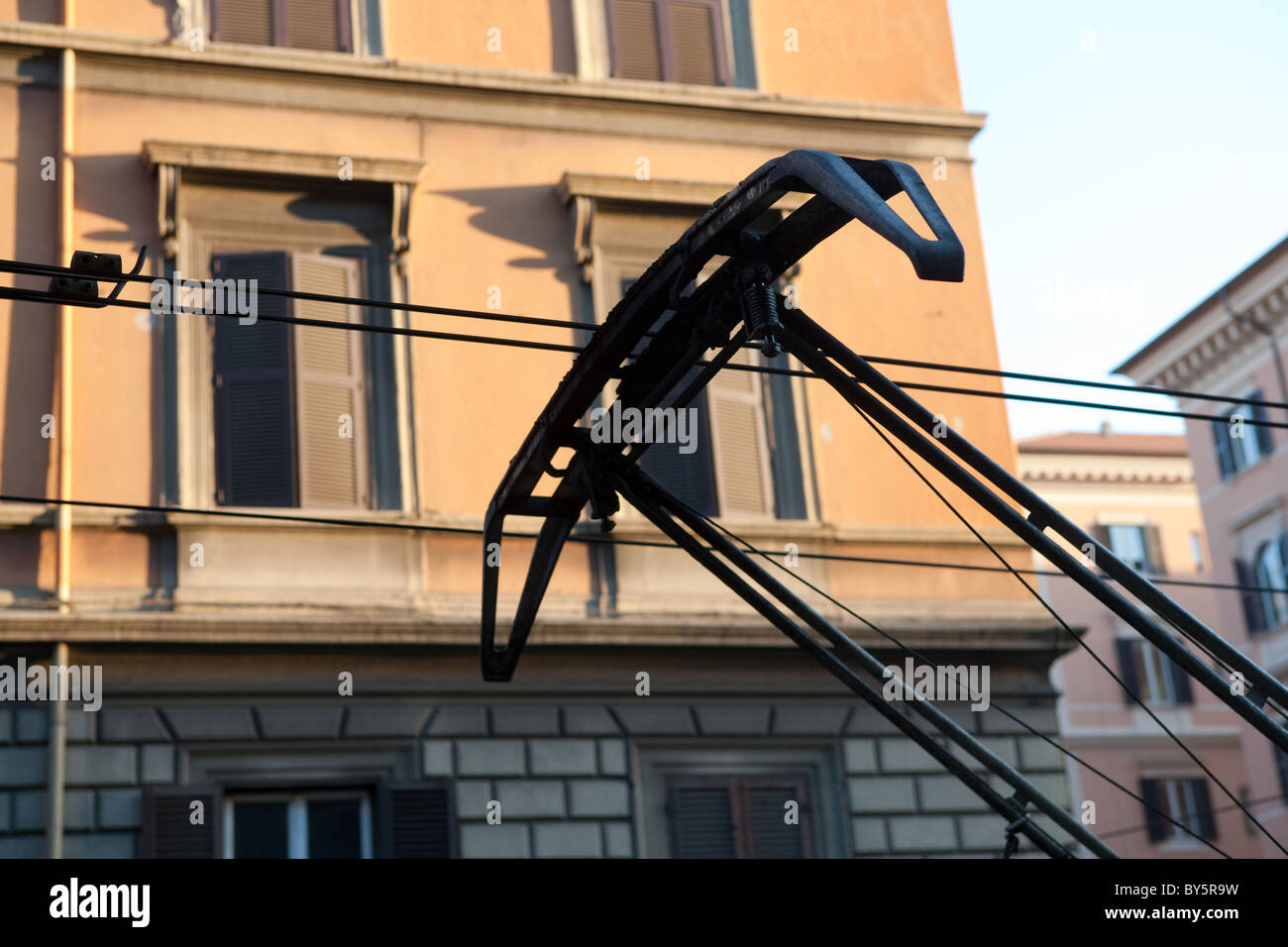 tram electric detail connection on line up in the street Rome Italy ...