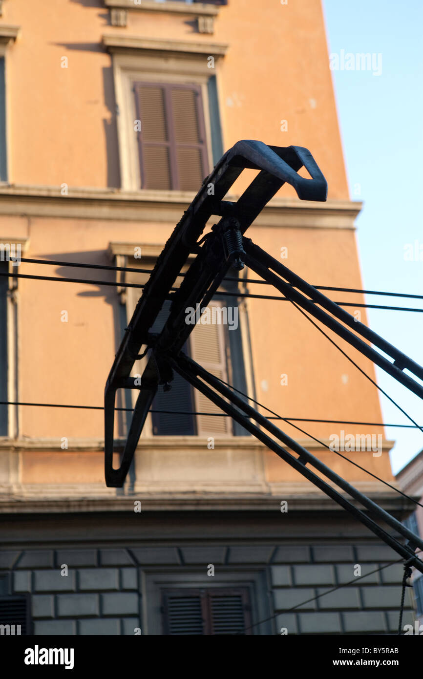 tram electric detail connection on line up in the street Rome Italy ...
