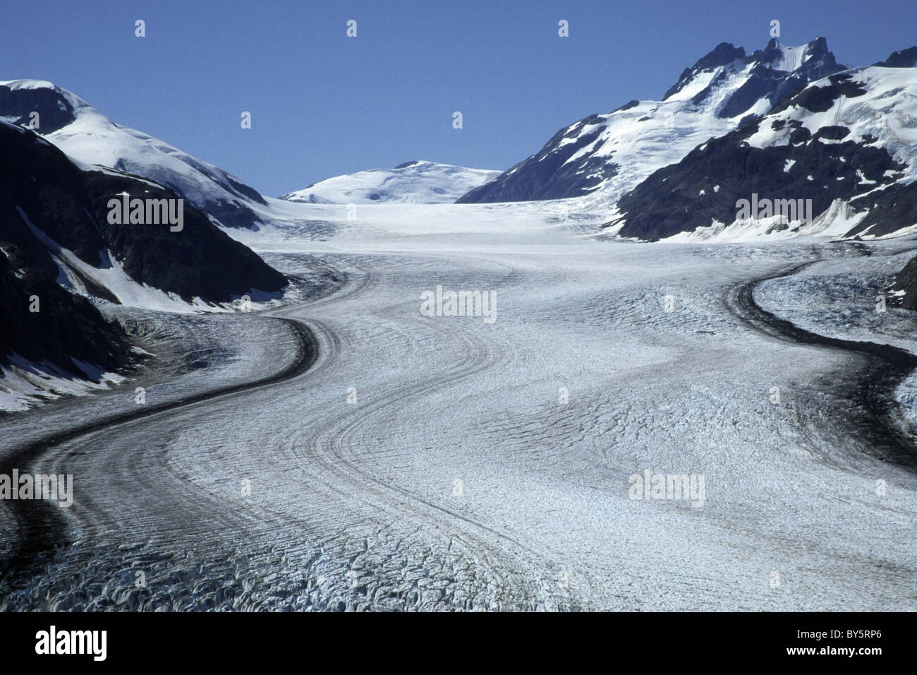The Salmon Glacier flowing from the Alaska coastal range on the border ...