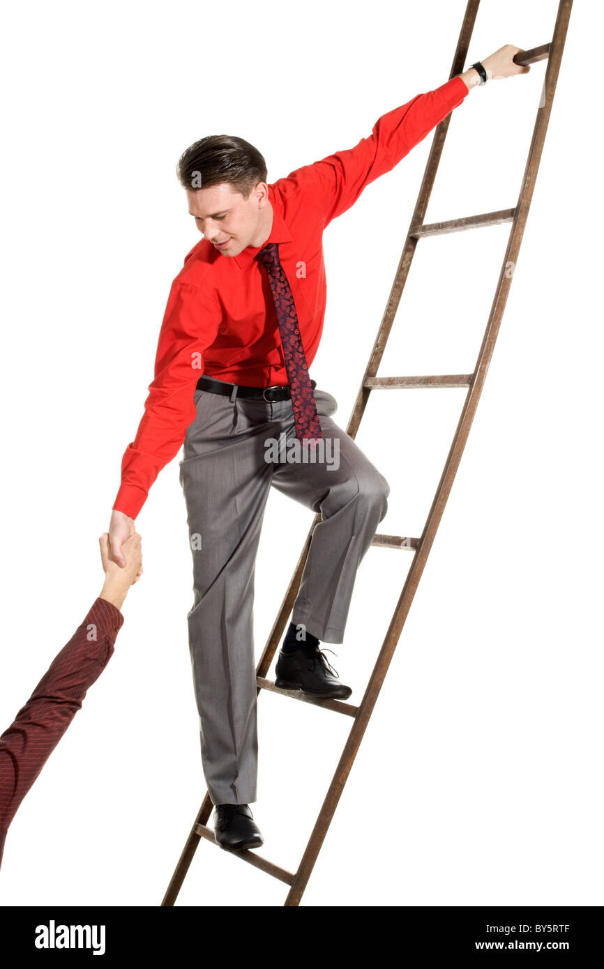 Image of confident businessman on ladder and supporting man Stock Photo ...