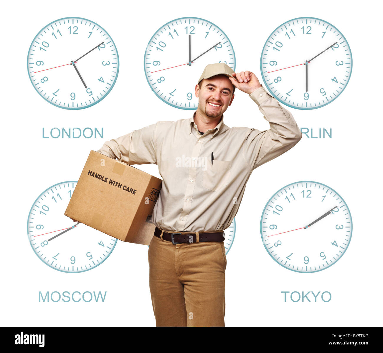 nine time zone clock and smiling delivery man Stock Photo - Alamy