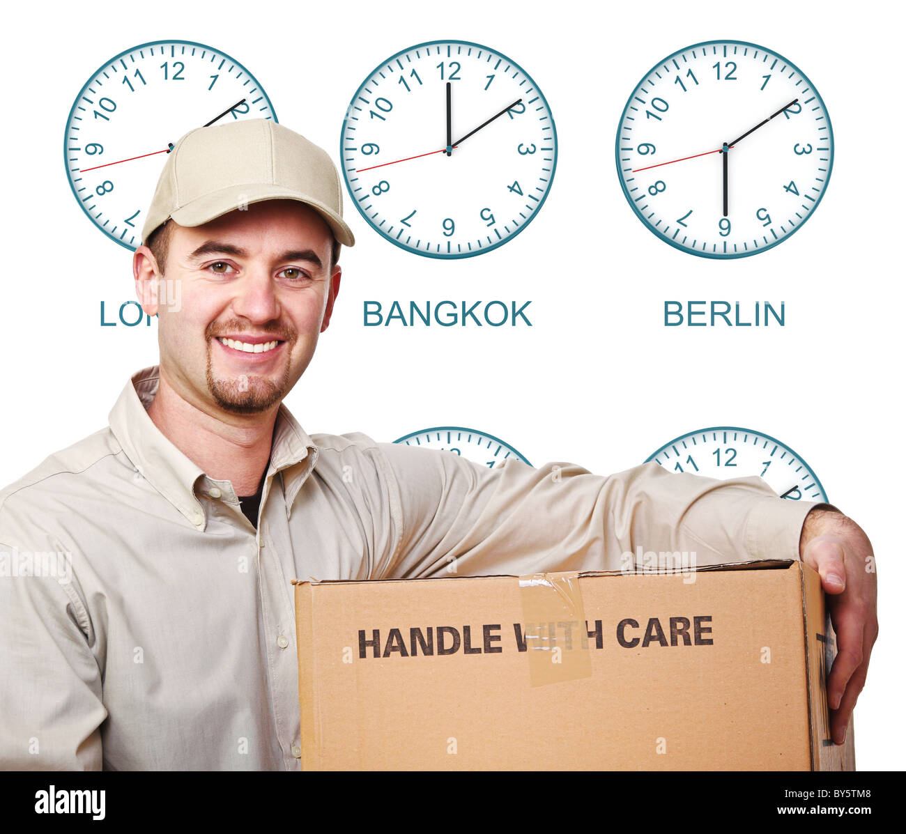 nine time zone clock and smiling delivery man Stock Photo - Alamy