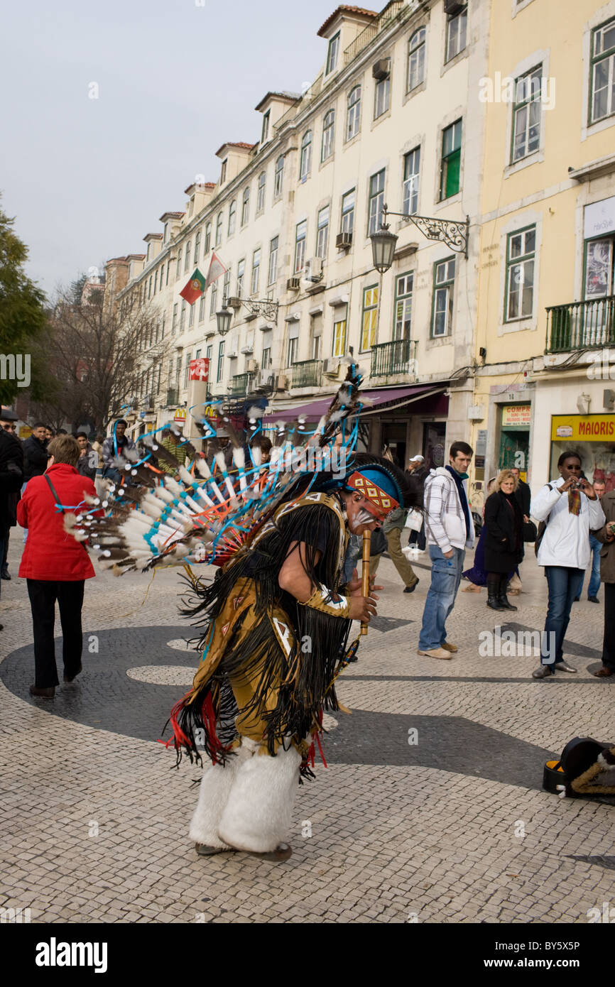Native American performing in Rossio, Baixa district, Lisbon, Portugal ...