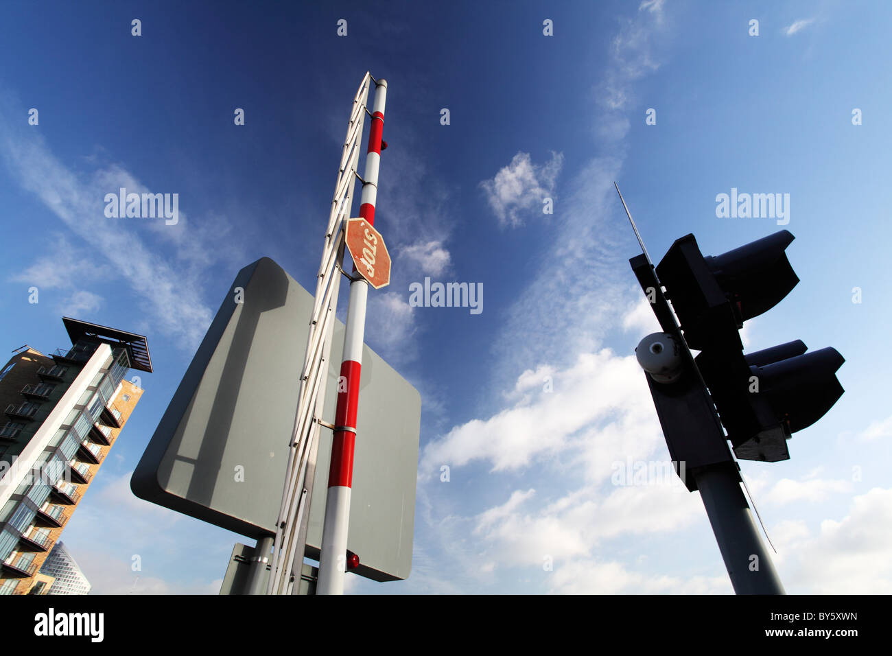 Stop sign in the docklands. Canary Wharf. London Stock Photo - Alamy