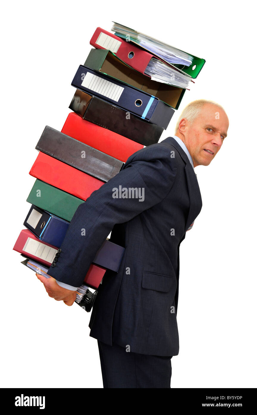 Worker with stack of files isolated in white Stock Photo - Alamy