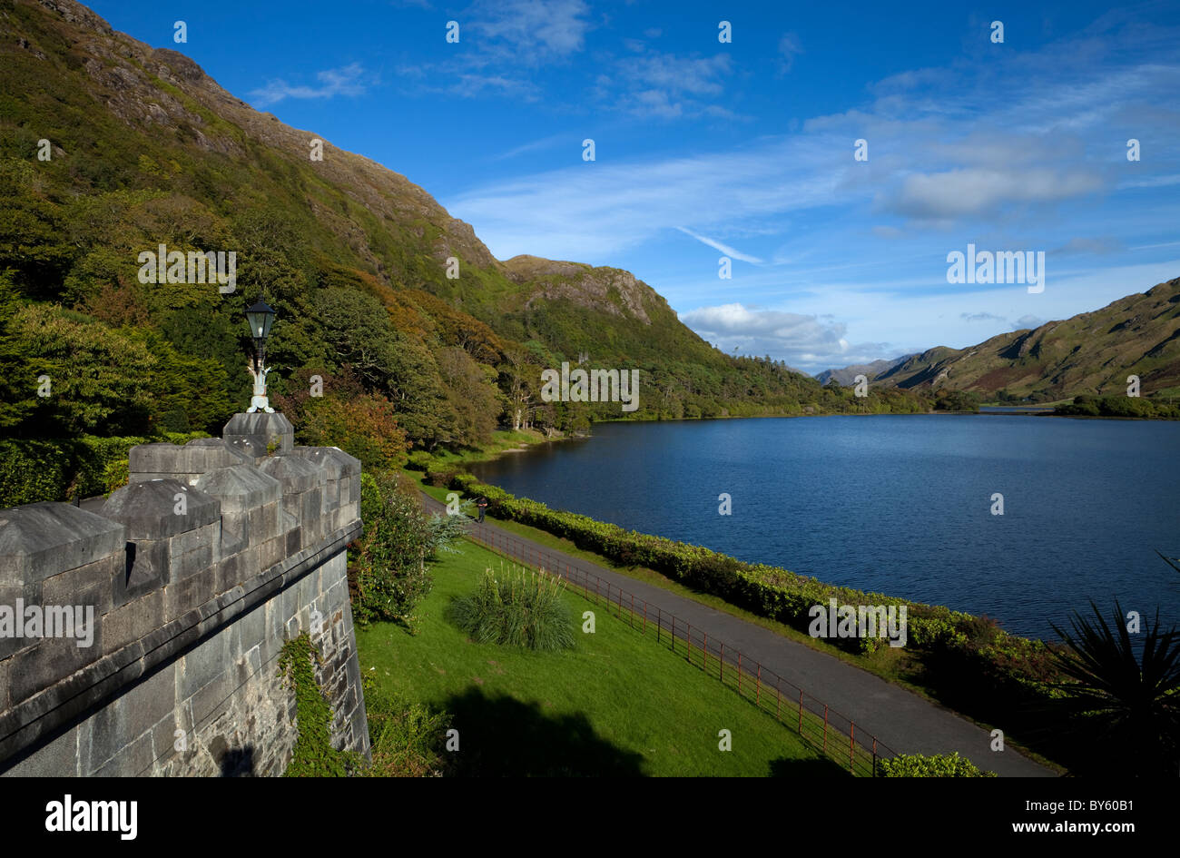 View from Kylemore Abbey completed around 1871 over Pollacapall Lough ...