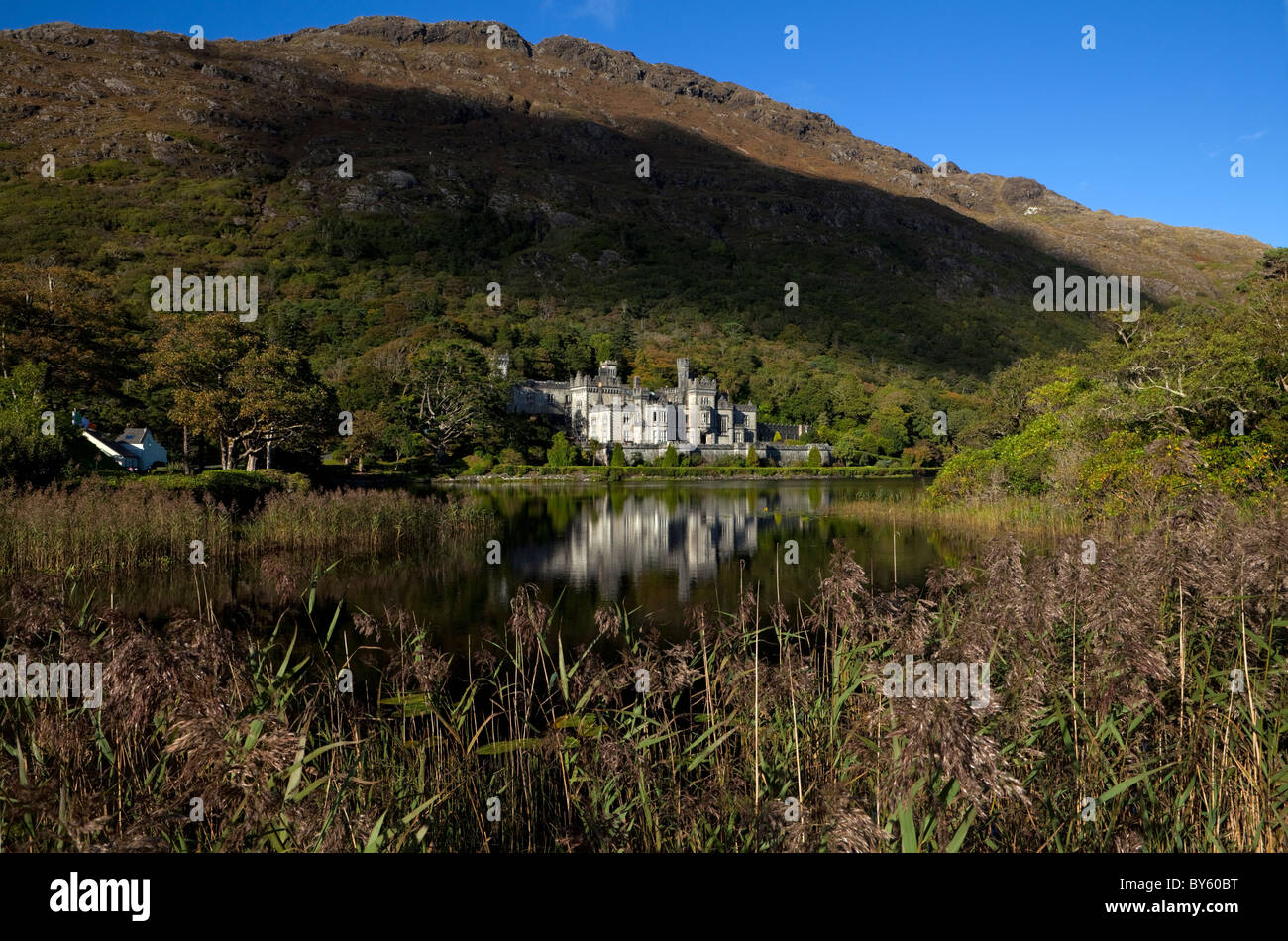 Kylemore Abbey, completed around 1871, on the banks of Pollacapall ...