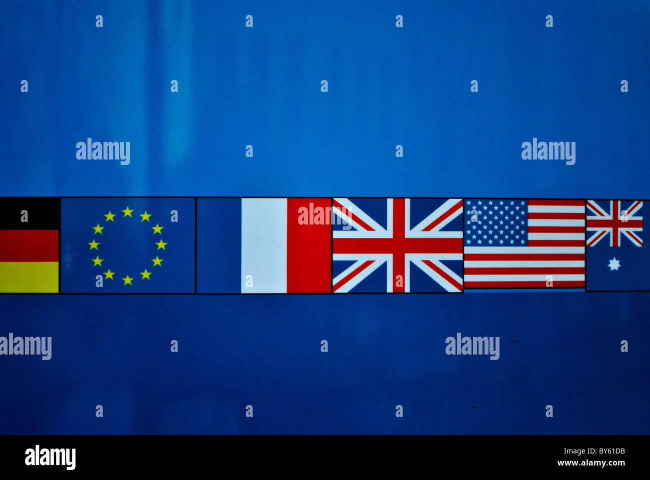 European flags printed on blue metal plate Stock Photo - Alamy