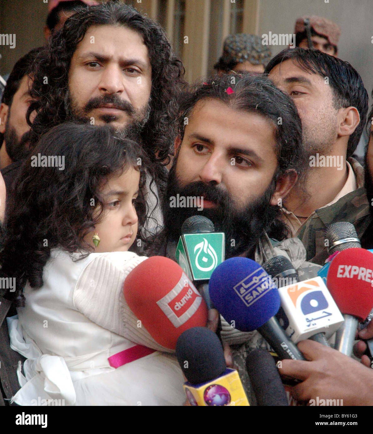 Jamhori Watan Party (JWP) leader, Shah Zain Bugti talks with mediamen ...