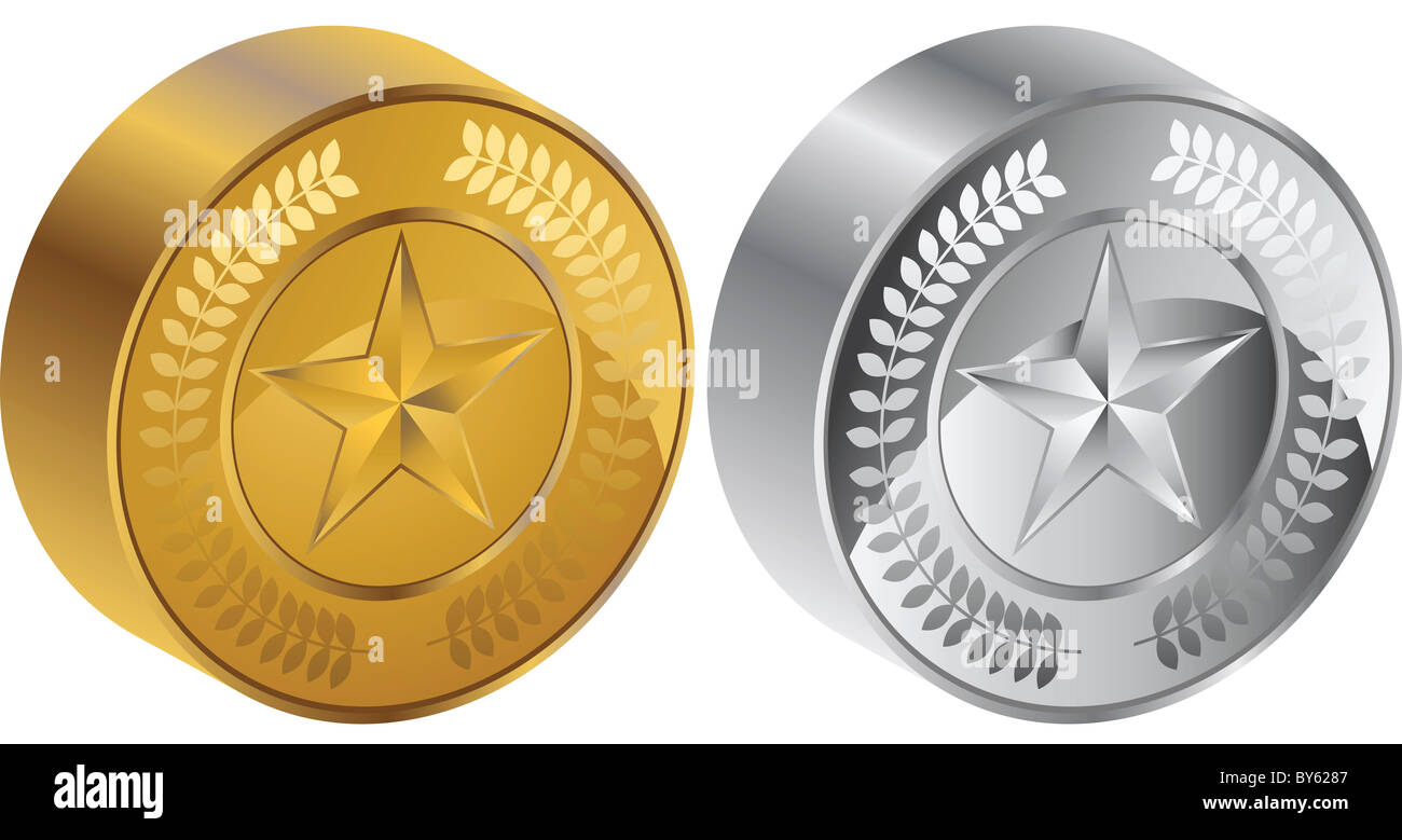 Set of 3D metallic coins with star elements Stock Photo - Alamy