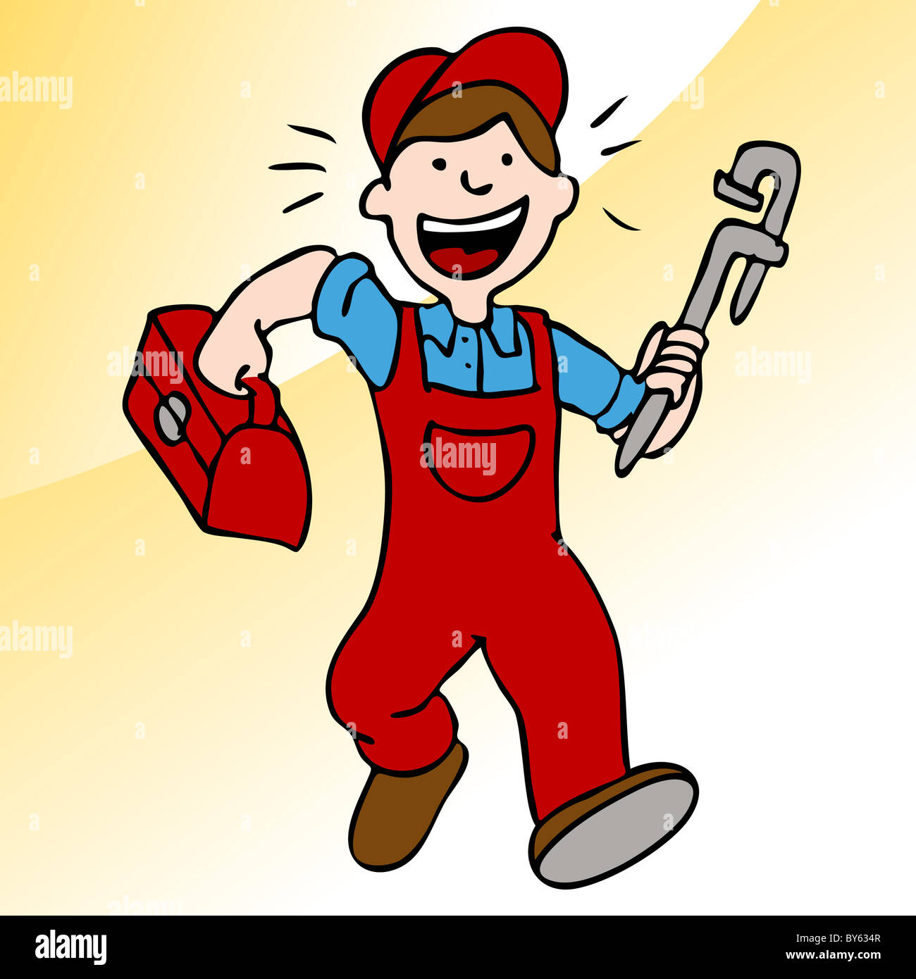 An image of a plumber running with a wrench and toolbox Stock Photo - Alamy