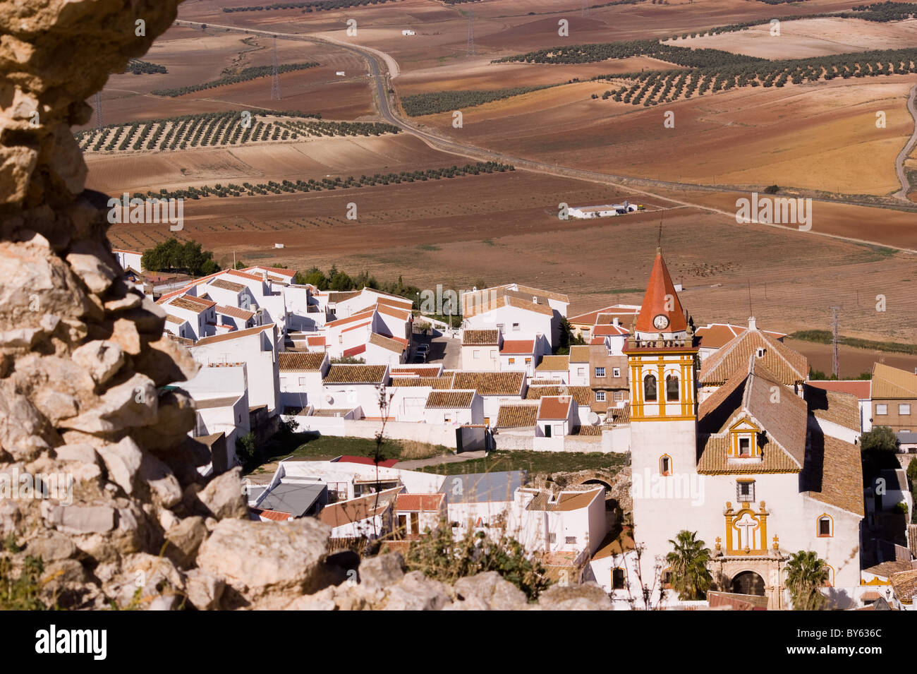 VIEW OF TEBA ANDALUCIA SPAIN FROM THE CASTLE WITH OLIVE GROVES LOOKING ...