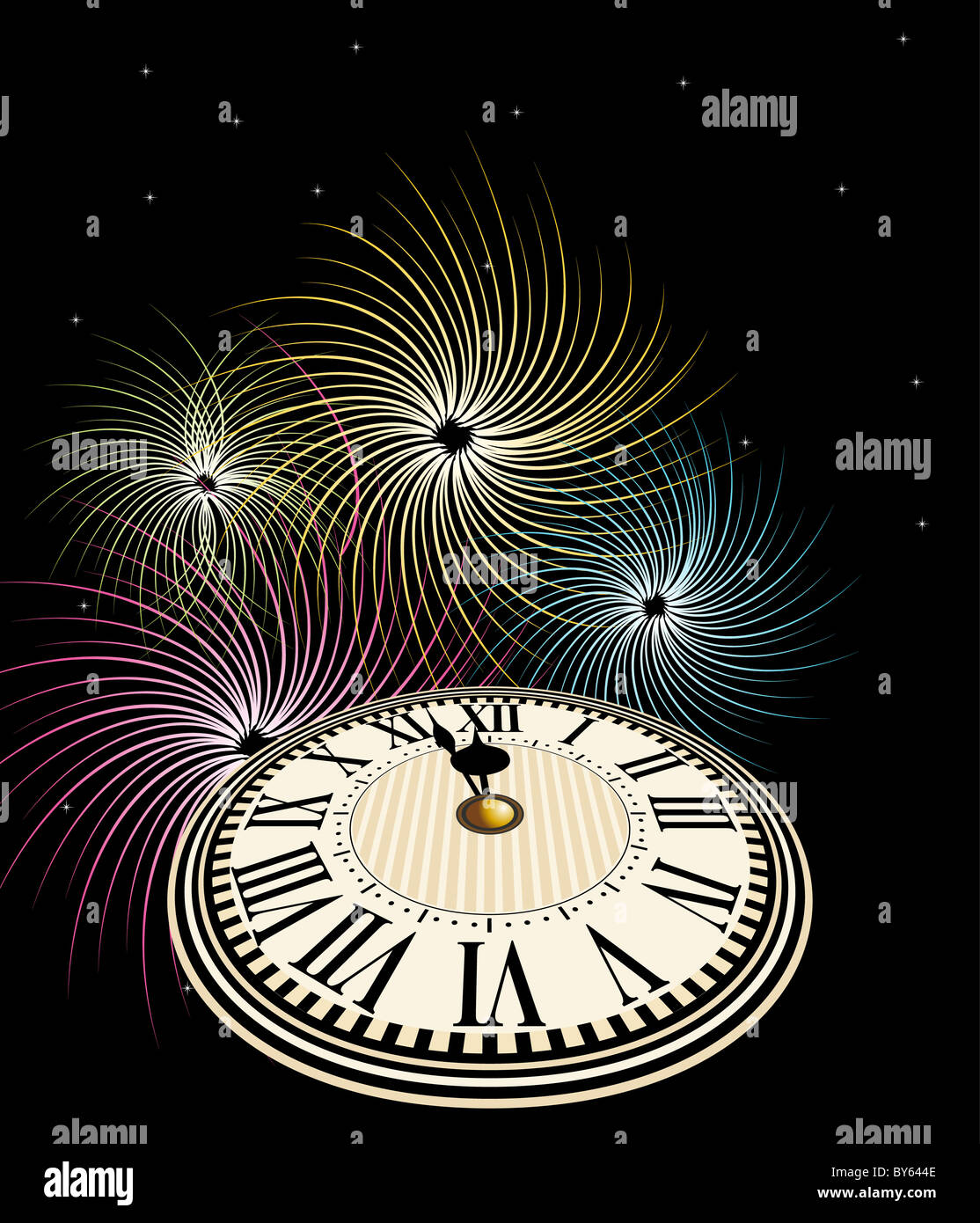 Fireworks light the sky as the clock strikes midnight Stock Photo - Alamy