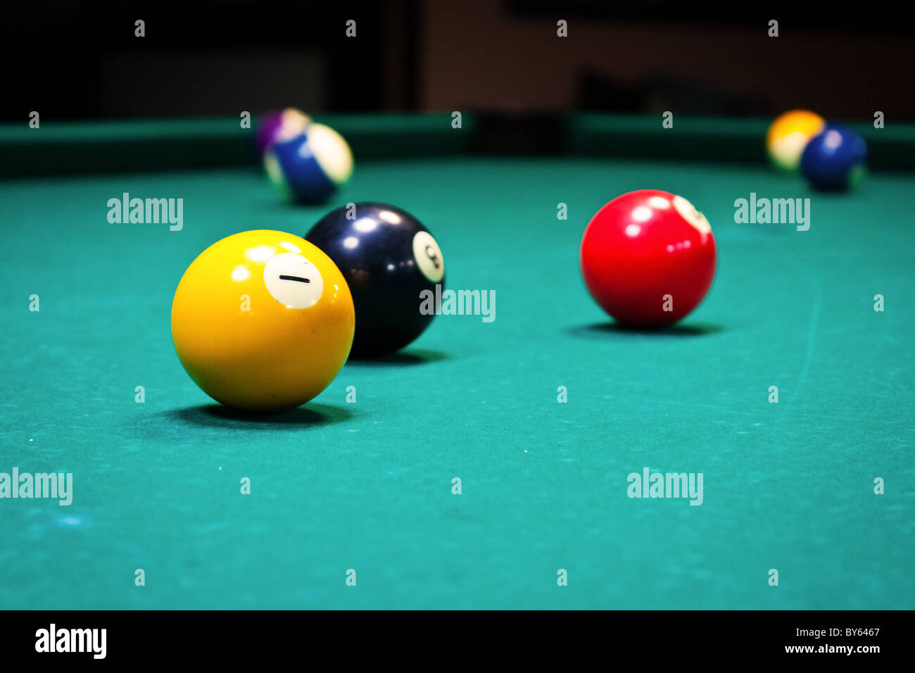balls on billiard table, low perspective Stock Photo - Alamy