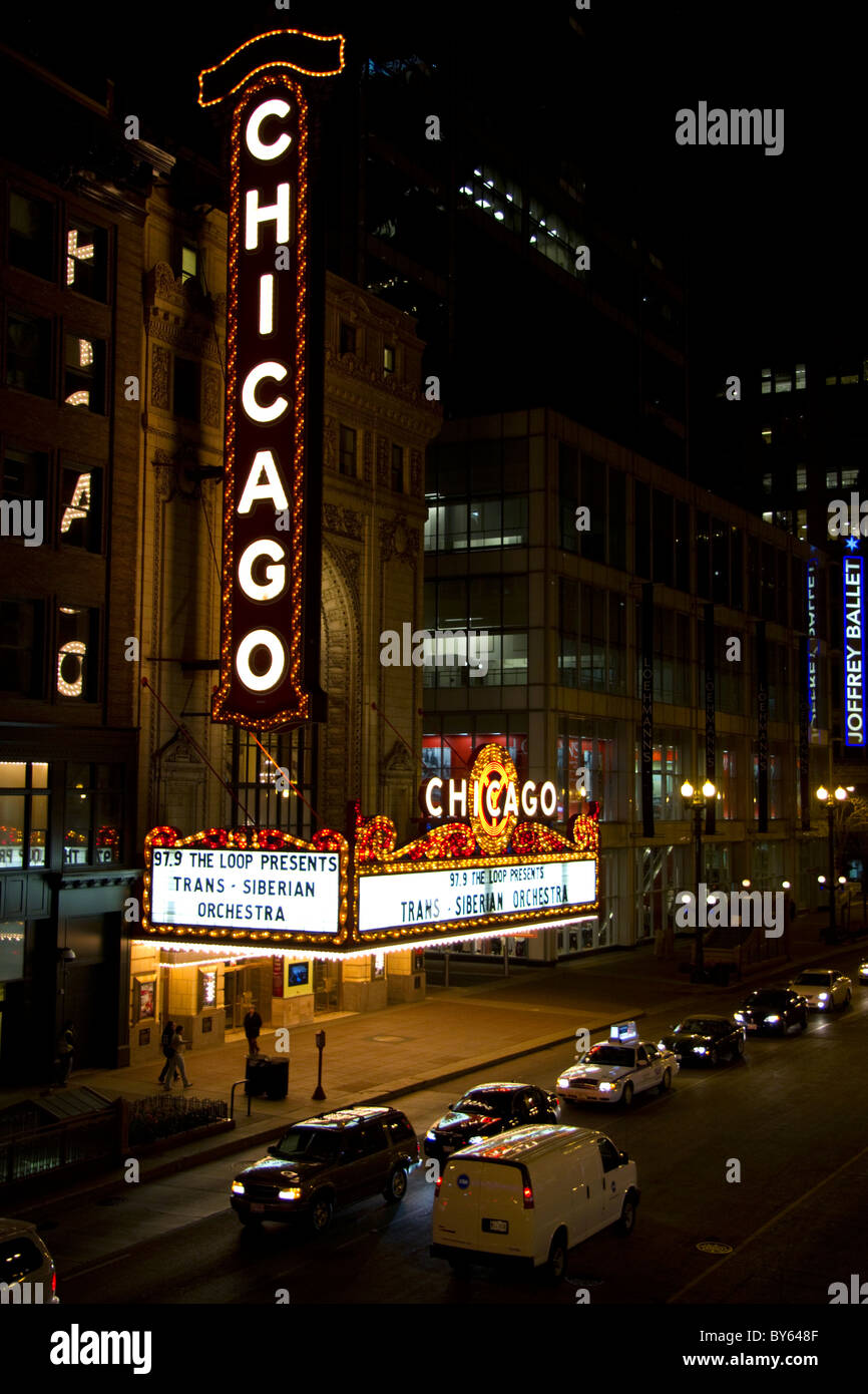 A night view of the Chicago Theatre on North State Street in the Loop ...