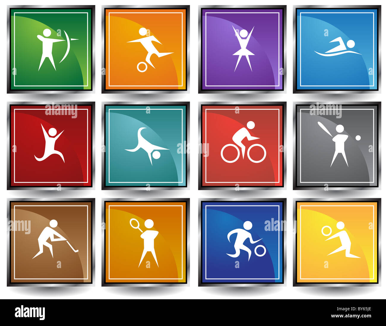 Collection of 12 sports related buttons in a variety of colors Stock ...