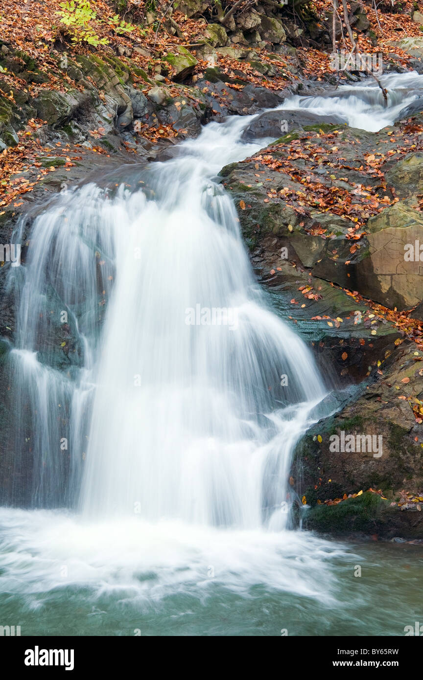 Waterfalls on Rocky Stream, Running Through Autumn Mountain Forest ...