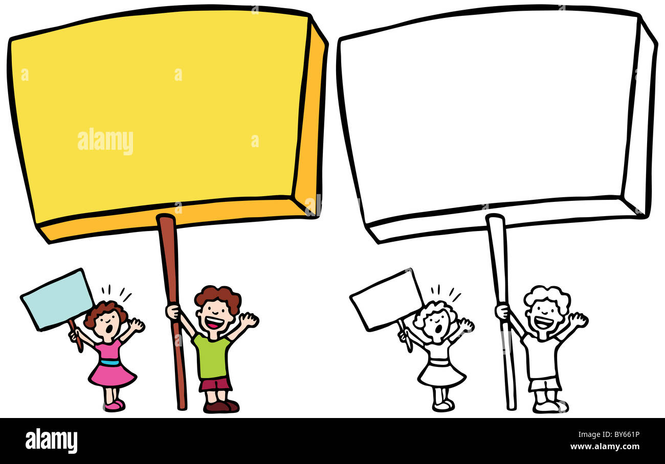 Cartoon image of children holding signs - one bigger than other - both ...