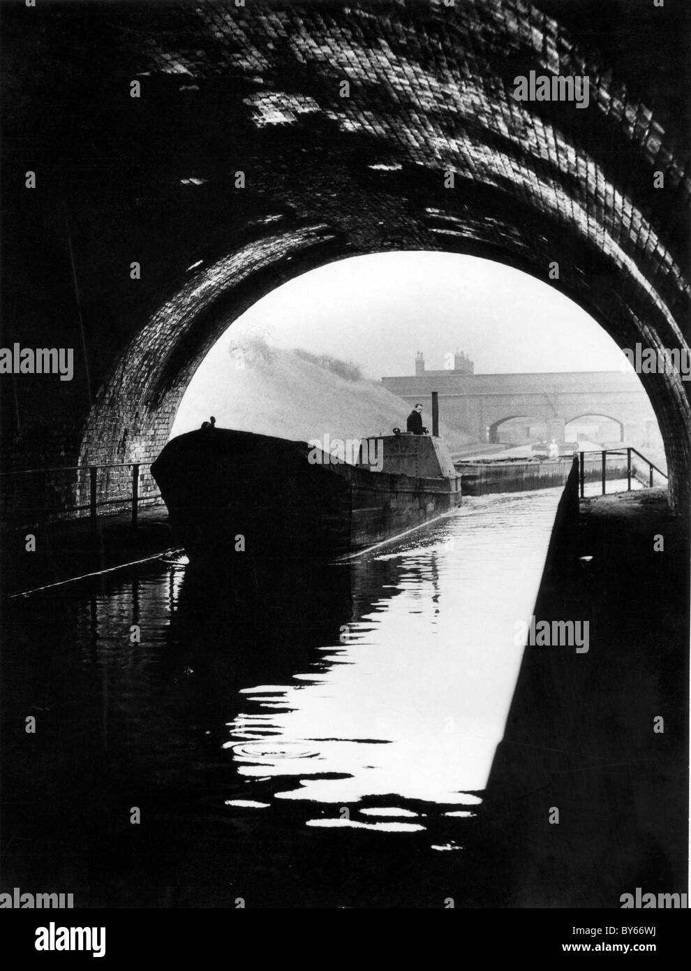 Narrowboat entering Netherton Tunnel near Dudley in 1966. The opened in ...