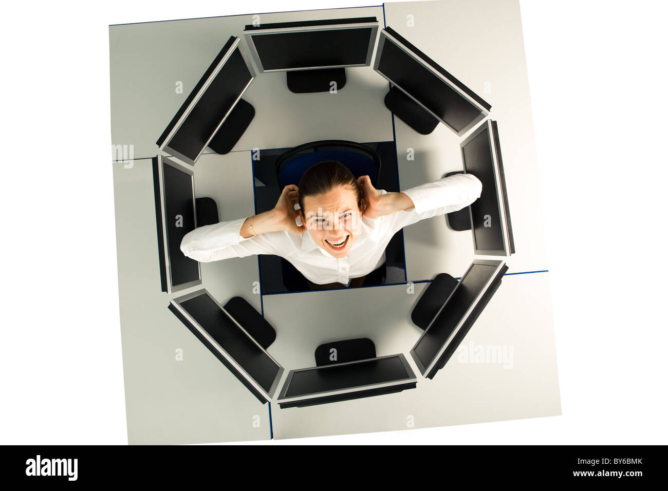 Image of angry screaming businesswoman surrounded by computers Stock ...