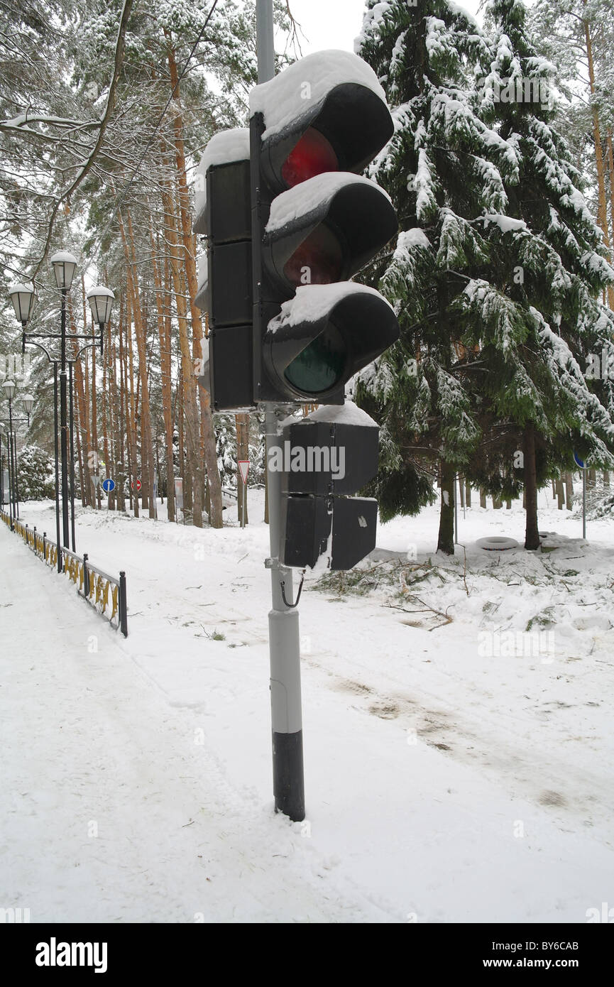 Traffic light in park in the winter, Domodedovo, Moscow Region, Russia ...