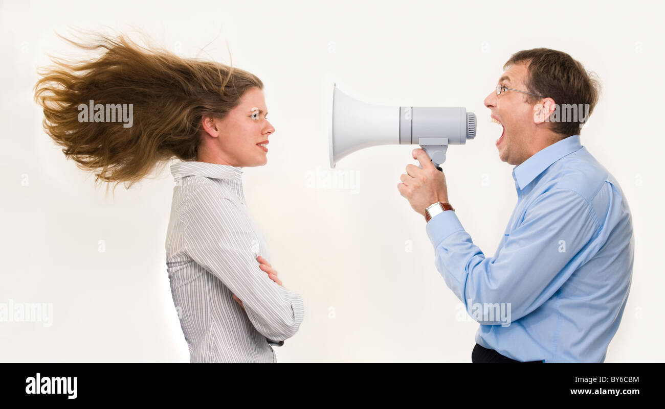 Image of strict boss shouting at businesswoman through loudspeaker so ...