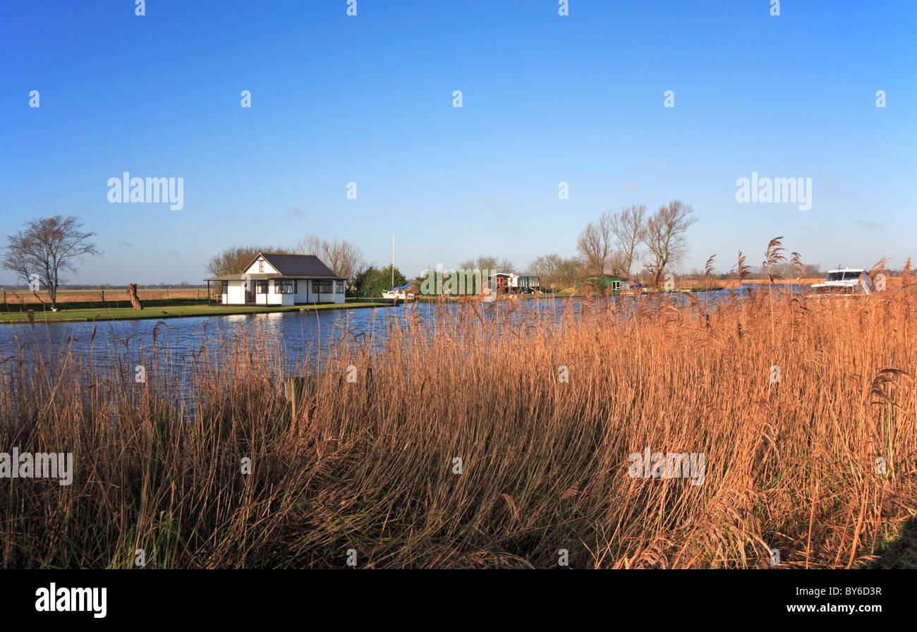 Riverside bungalows by the River Thurne on the Norfolk Broads at Thurne ...