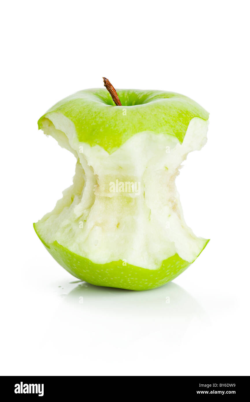 One bited green apple fruit on white background Stock Photo - Alamy