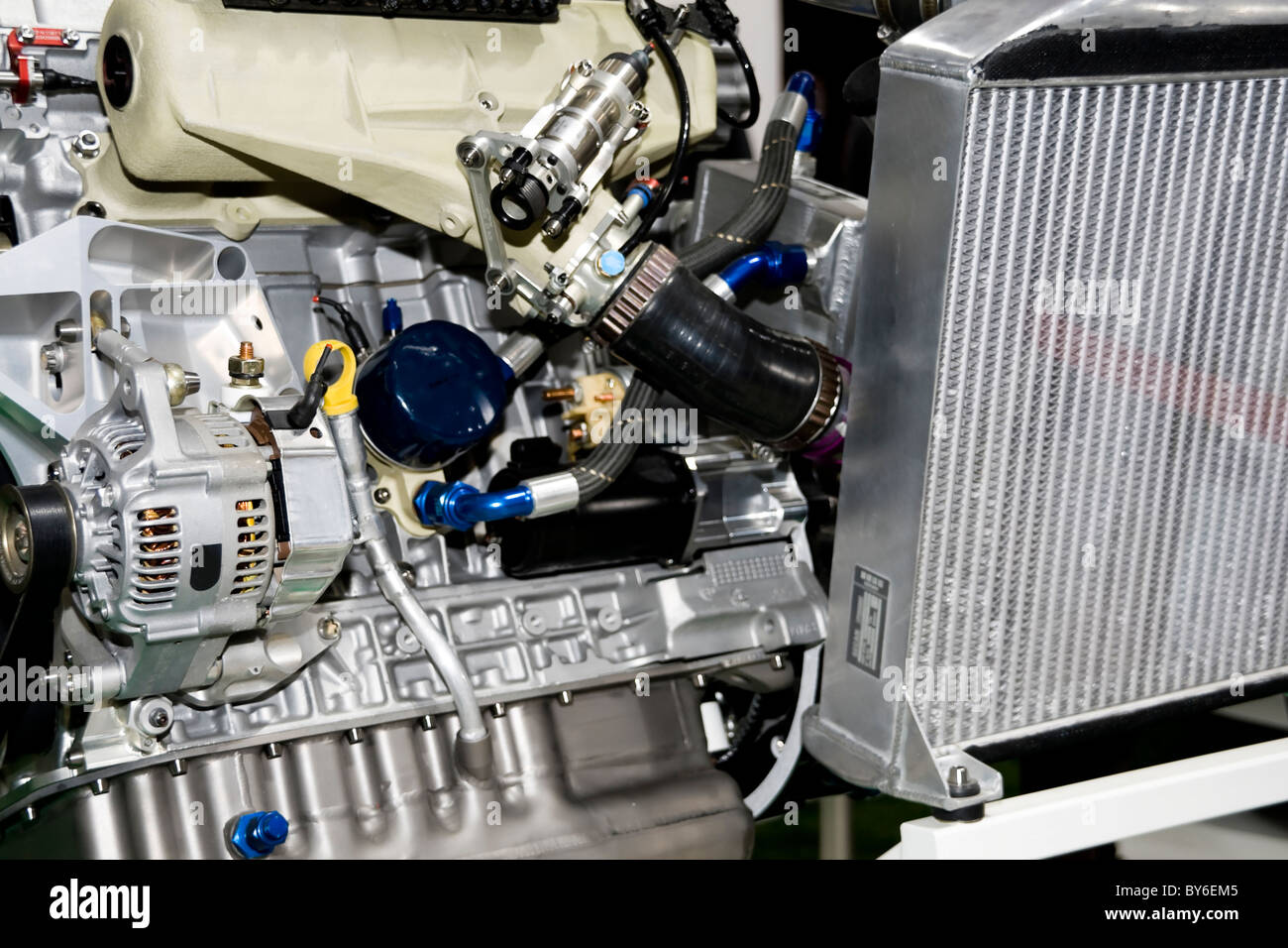 Complex engine of modern car interior view Stock Photo - Alamy