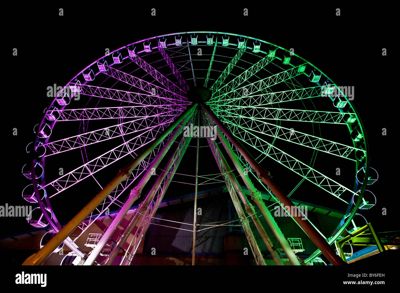Observation wheel at night illuminated with purple and green light ...