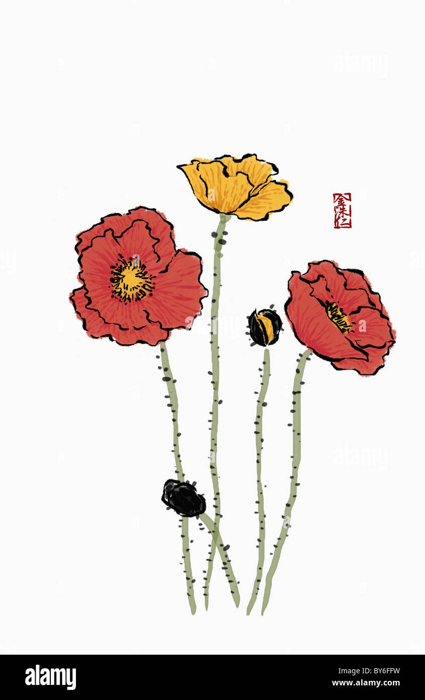 Flowers in ink painting Stock Photo - Alamy