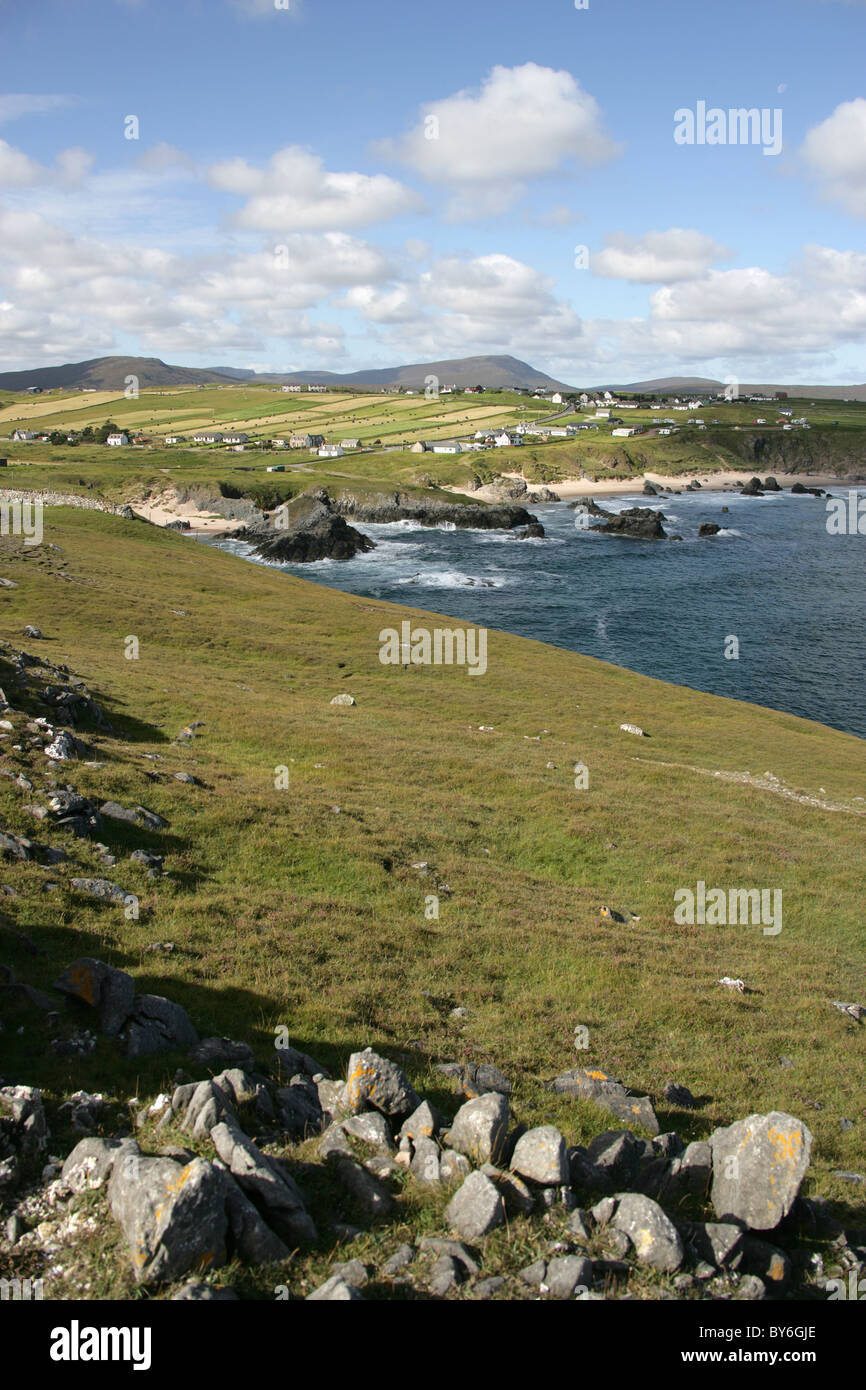 Village of Durness, Scotland. Distant view of Sango Bay at the northern ...