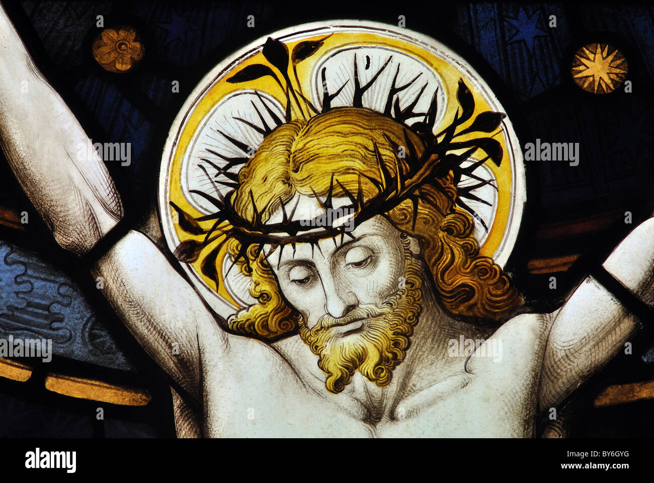 Christ with crown of thorns stained glass, St. Andrew`s Church, Burton ...