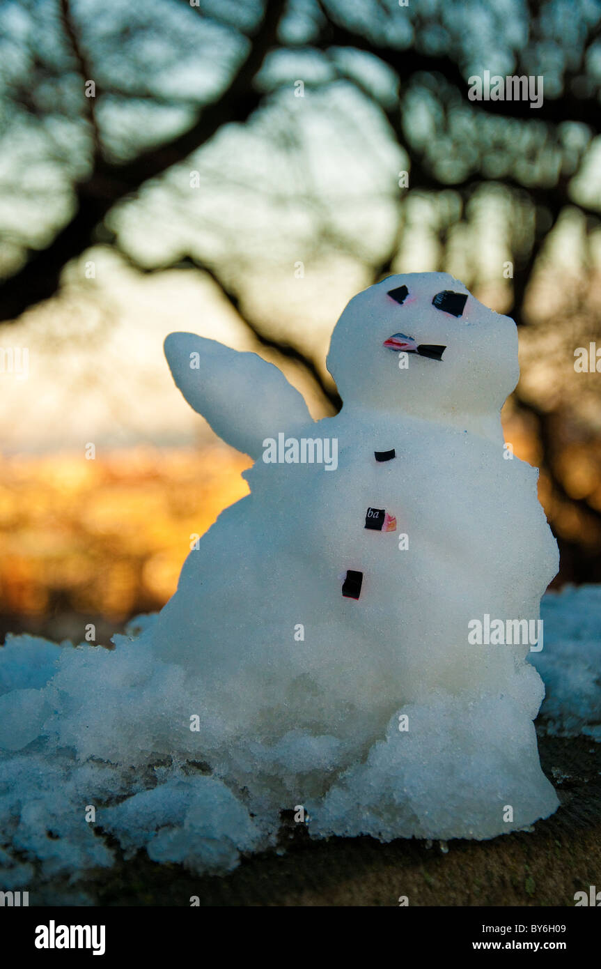 Snowman waving with sunset behind Stock Photo - Alamy