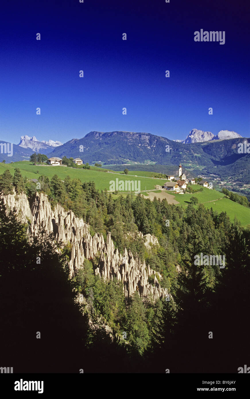 Earth pyramids at Renon, Ritten, view to Monte Sciliar, Dolomite Alps ...