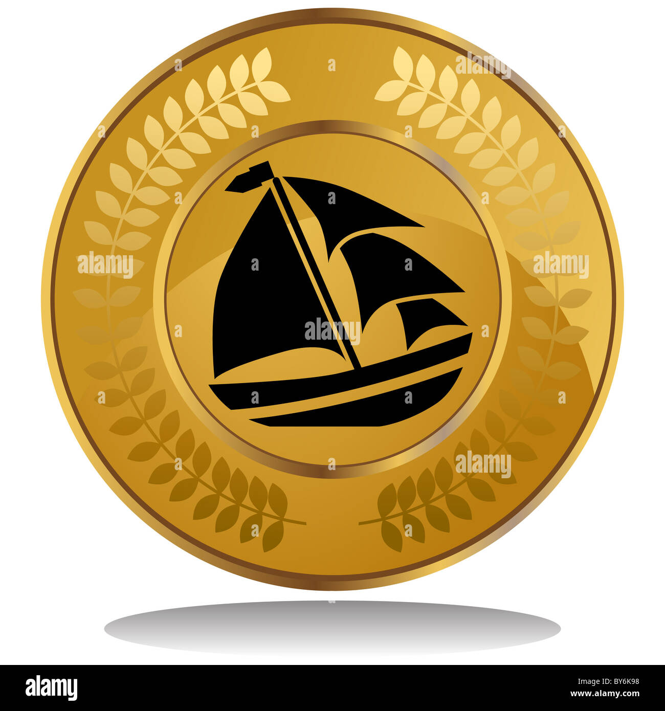 A boat icon on a gold coin with laurel wreath Stock Photo - Alamy