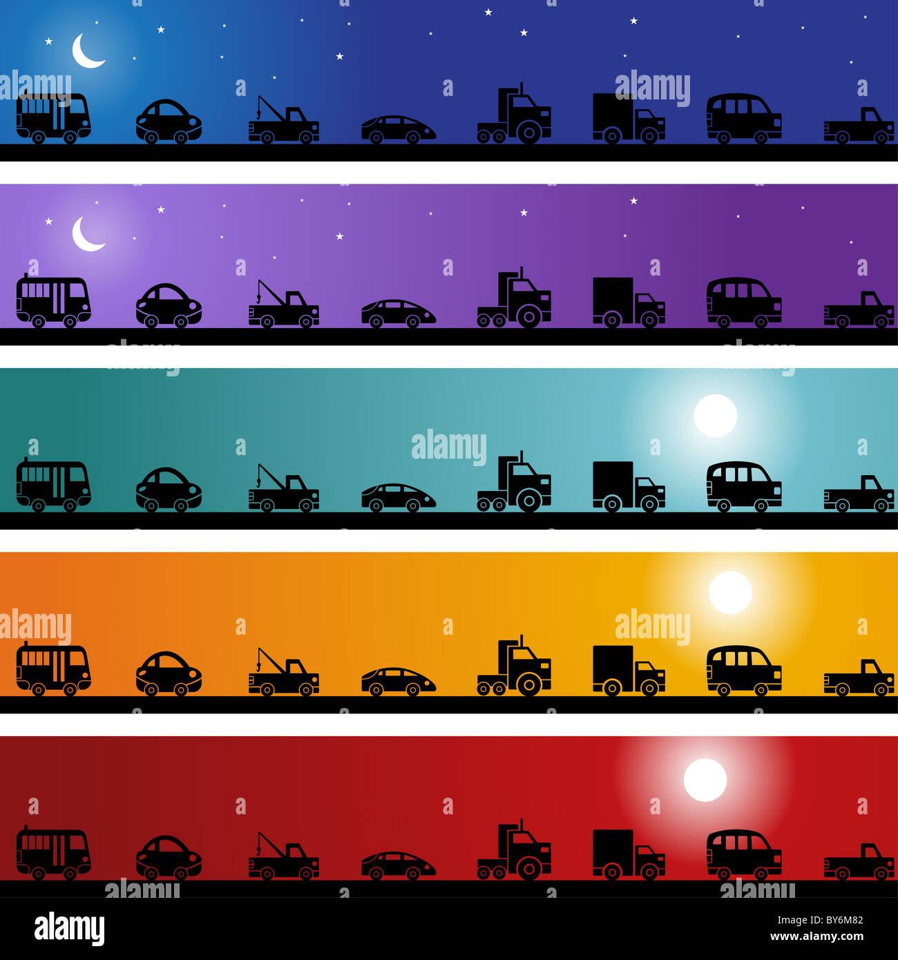 Set of images with multiple vehicles with day/night background Stock ...