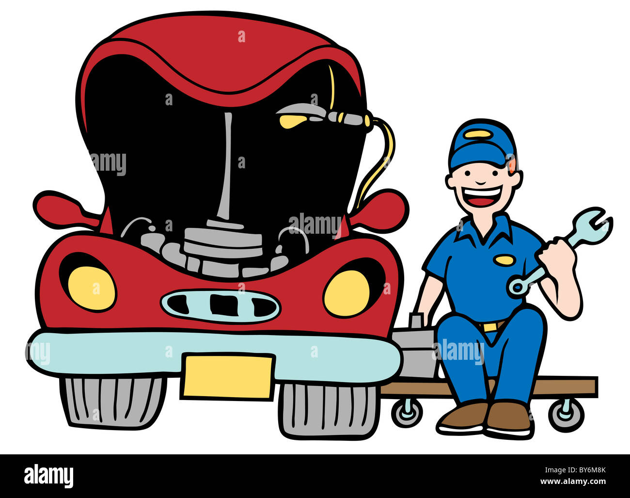 Repairman working on a vehicle with an open hood in a cartoon black and ...
