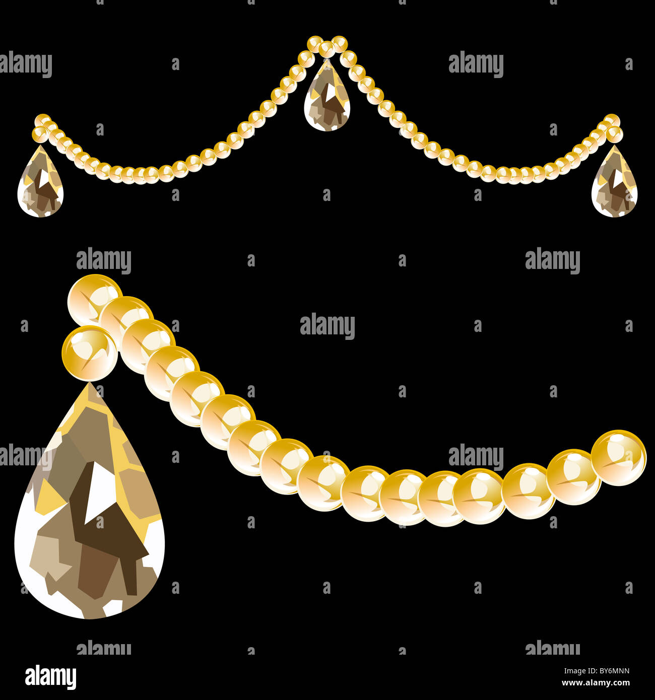 String of crystal beads and teardrop shape isolated on a black ...
