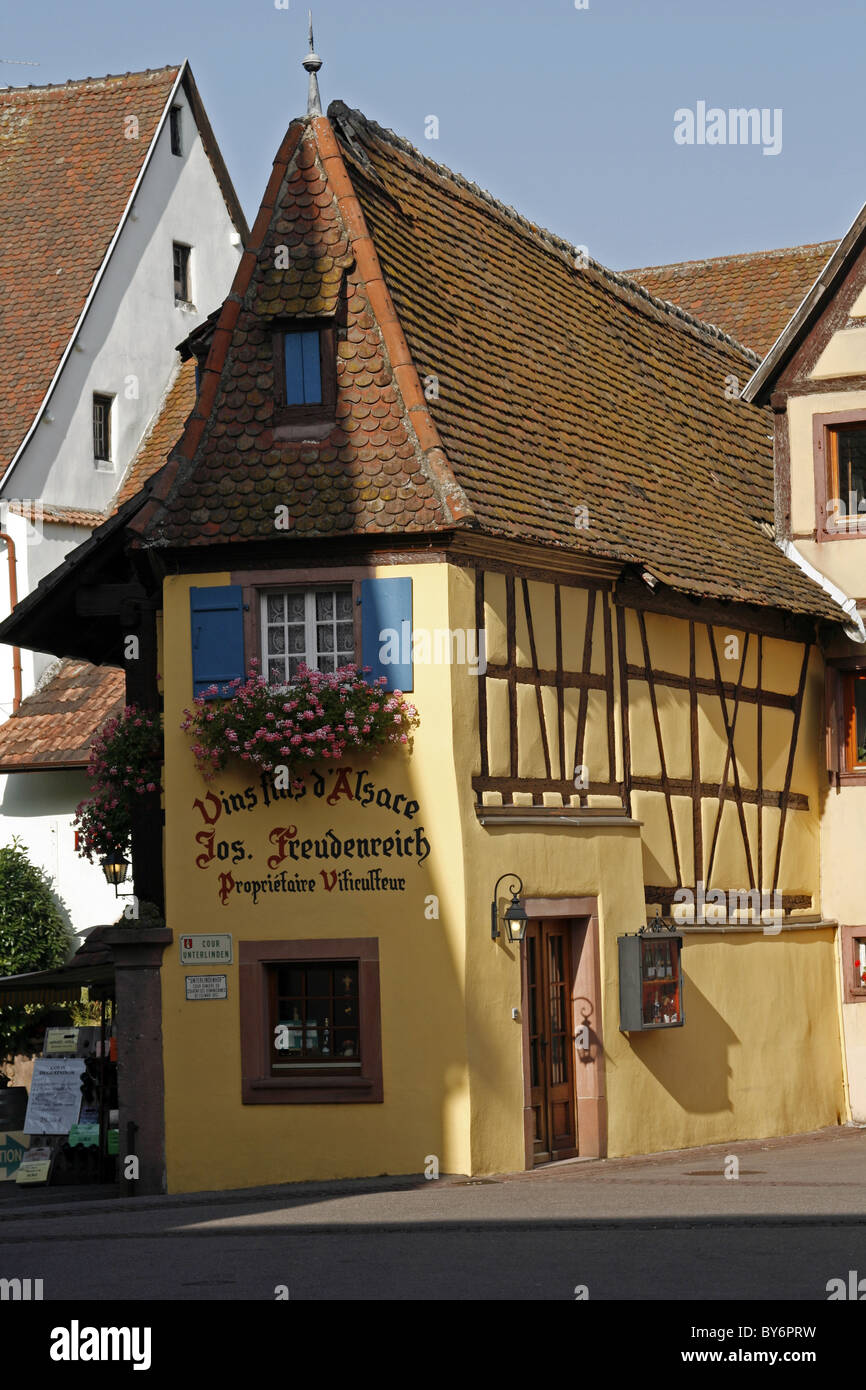 Alsace wine route Equisheim France wine town street scene colorful ...