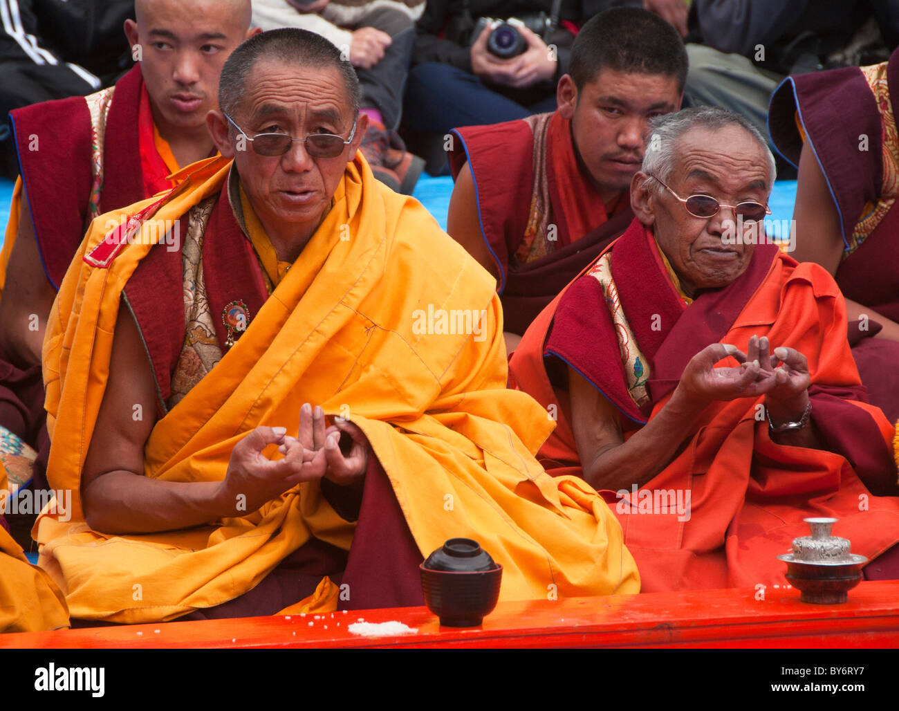 Tibetan monks with mudra hand positions at the Mani Rimdu Festival at ...