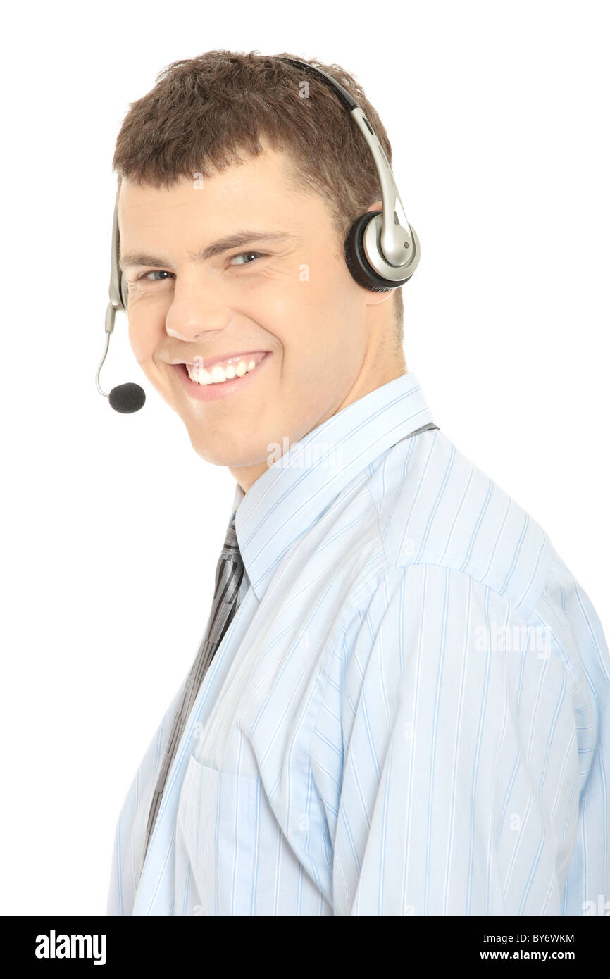 Charming customer service representative with headset on isolated on ...