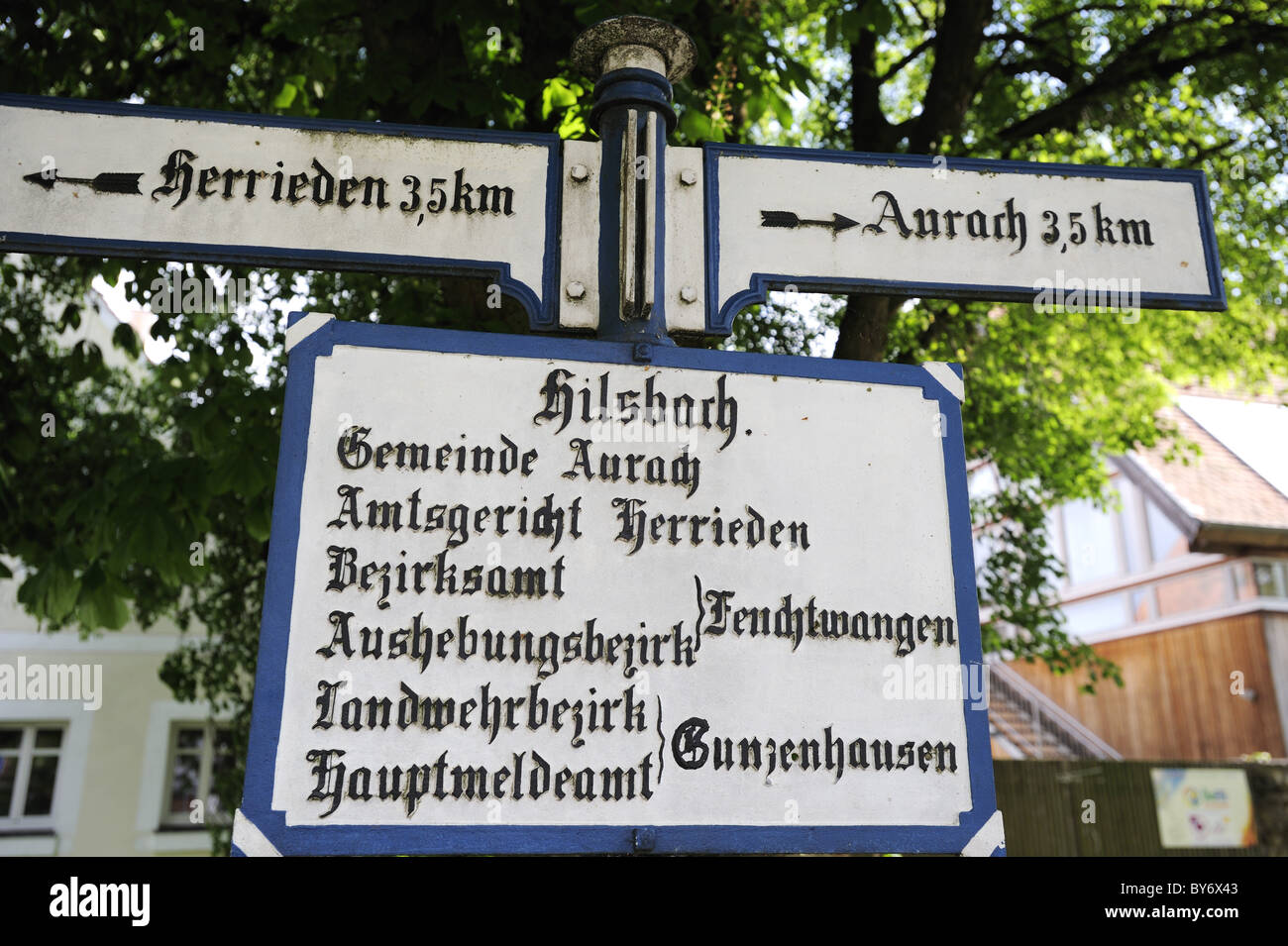 Old sign post, road sign, Altmuehltal cycle trail, Altmuehl valley ...