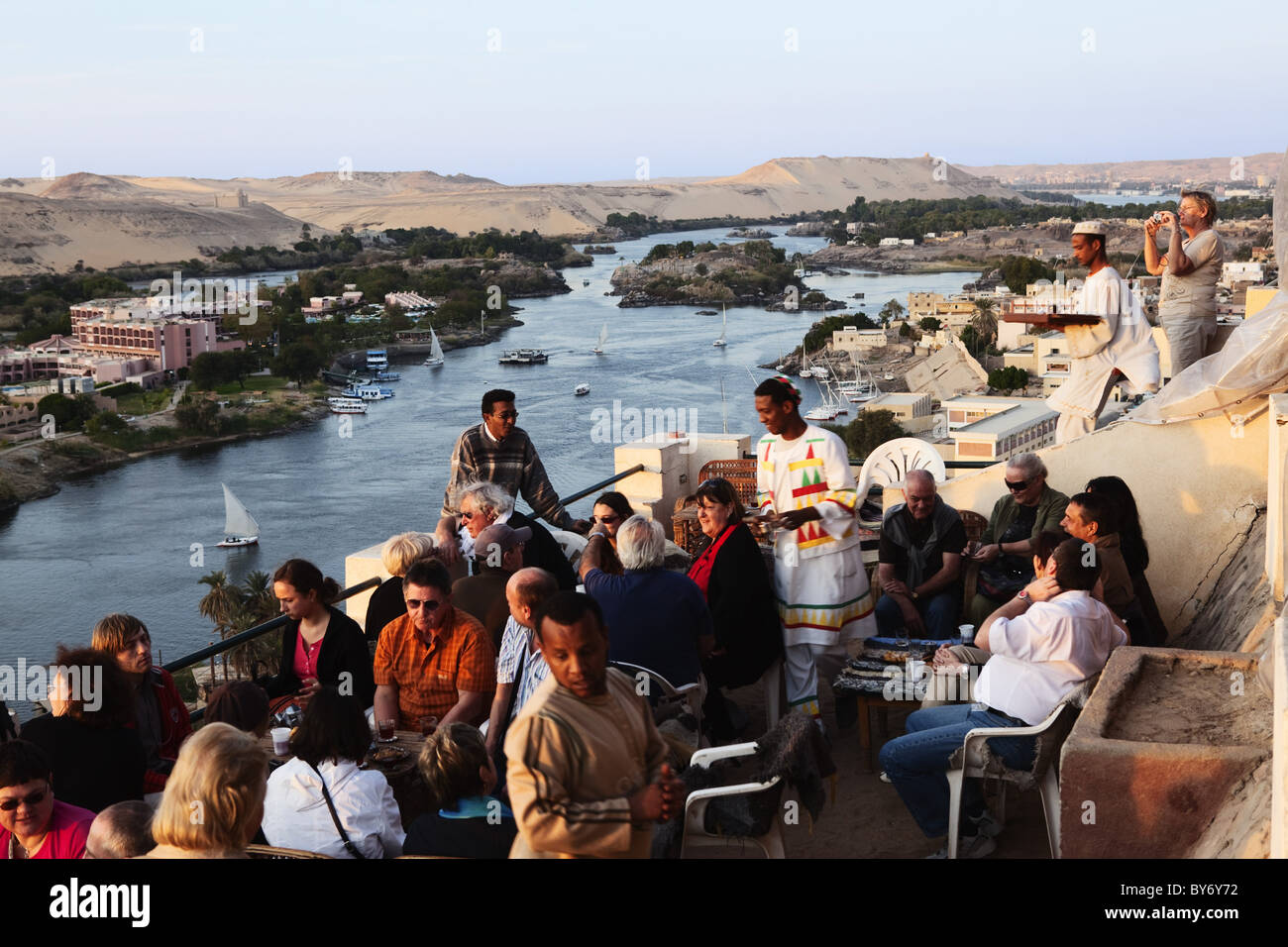 Terrace of the Nubian Cafe with view of the river Nile, Aswan, Egypt ...