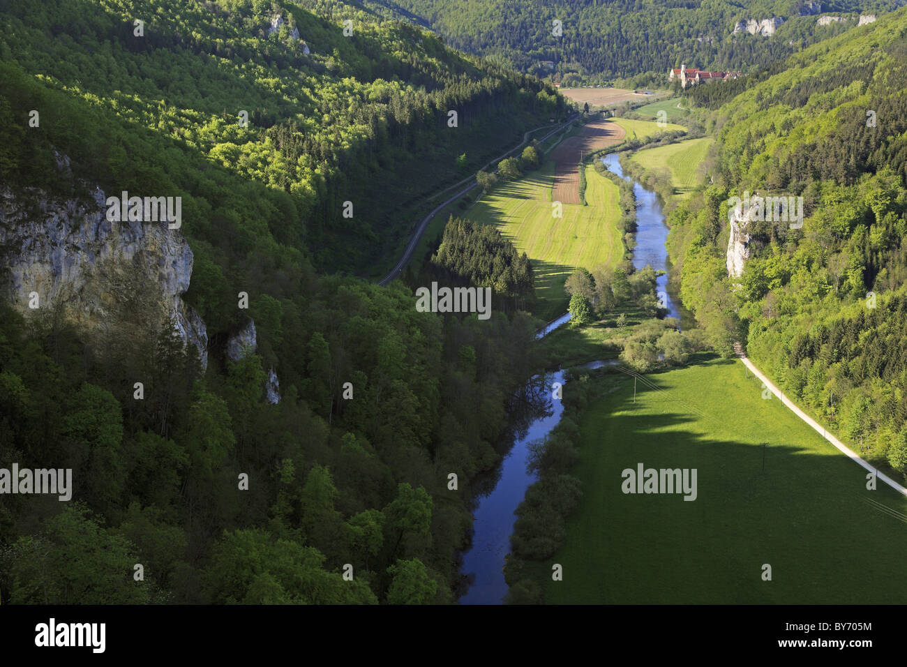 View over the Danube valley towards Beuron monastery, Upper Danube ...